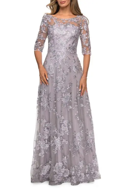 La Femme Cap Sleeve Evening Gown With Lace - Lavender/gray