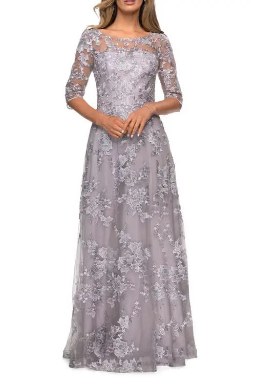 La Femme Cap Sleeve Evening Gown With Lace