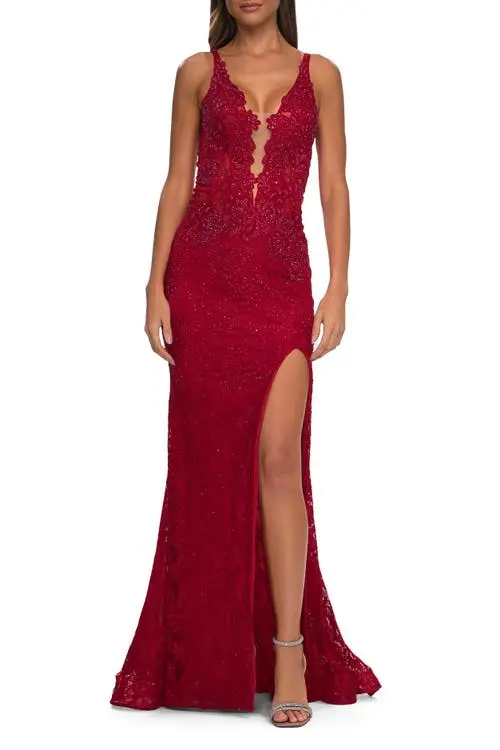 La Femme Long Lace Dress With Plunging Neckline - Red
