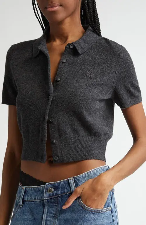 Alexander Wang Logo Embroidered Wool Crop Cardigan Charcoal