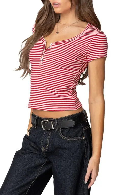 EDIKTED Kady Stripe Henley Top - Red