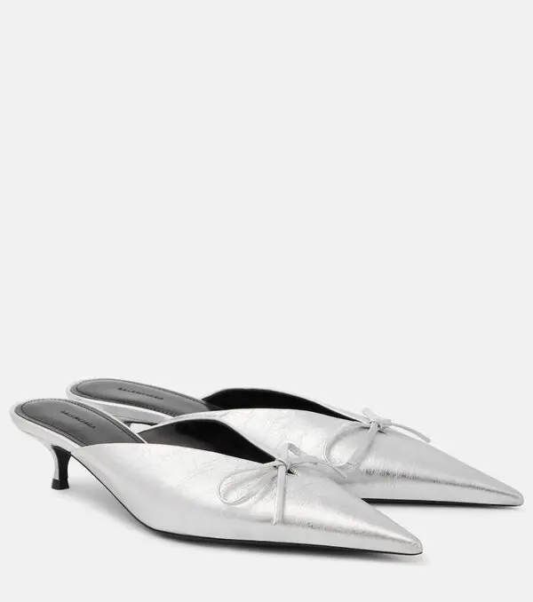Balenciaga Knife Bow 40 Metallic Leather Mules - Silver