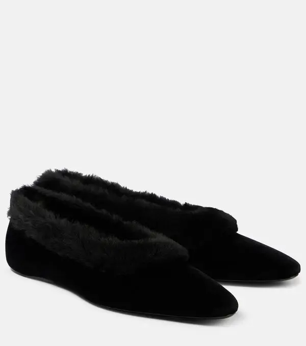 TOTEME Shearling-trimmed Velvet Ballet Flats - Black