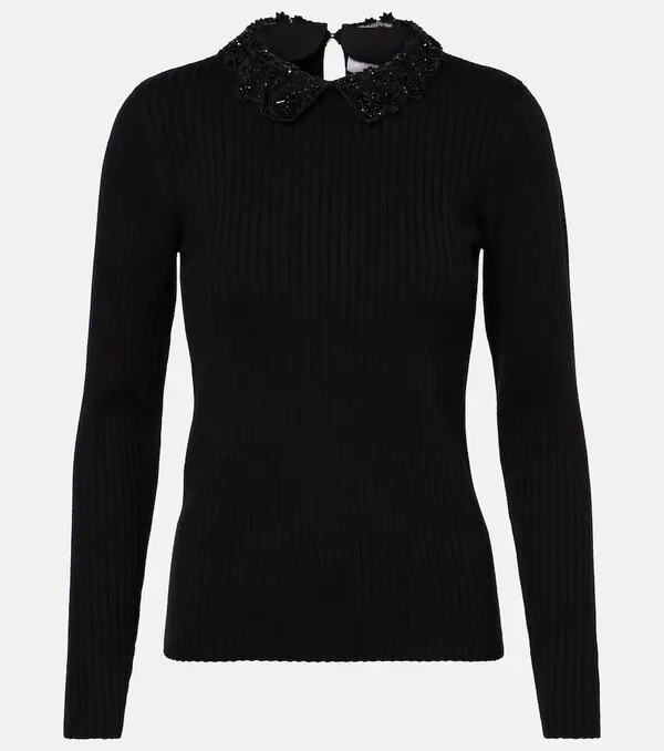 Carolina Herrera Embellished Ribbed-knit Top - Black