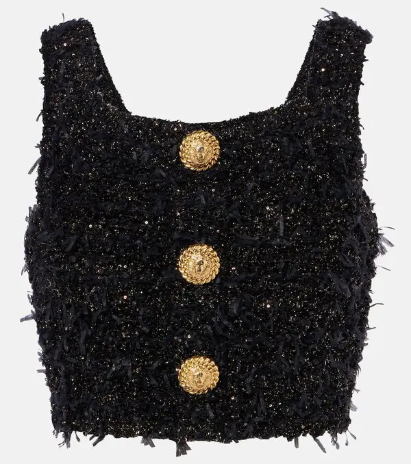 Balmain Lamé Tweed Crop Top - Black
