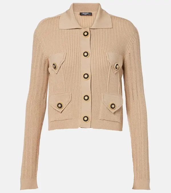 Balmain Ribbed-knit Cardigan With Faux Pockets - Beige