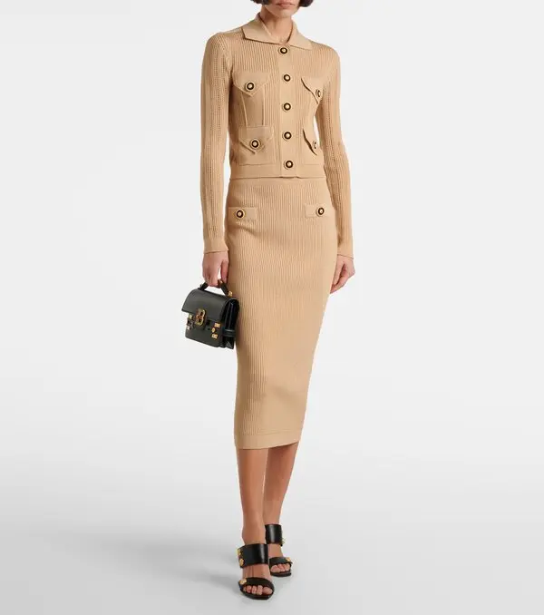 Balmain Ribbed-knit Cardigan With Faux Pockets - Beige