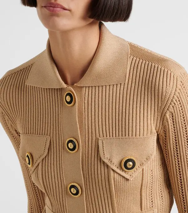 Balmain Ribbed-knit Cardigan With Faux Pockets - Beige