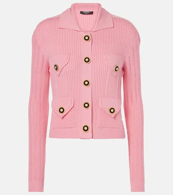 Balmain Ribbed-knit Cardigan With Faux Pockets - Pink