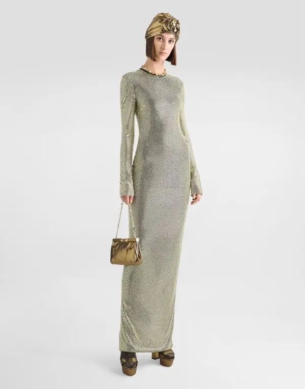 Dolce & Gabbana Long Crystal Mesh Dress - Woman Dresses Gold S