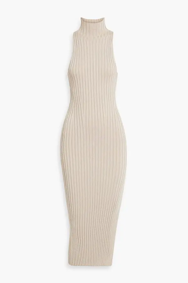 Galvan Rhea Ribbed-Knit Midi Dress In Beige - 50% Off | Editorialist