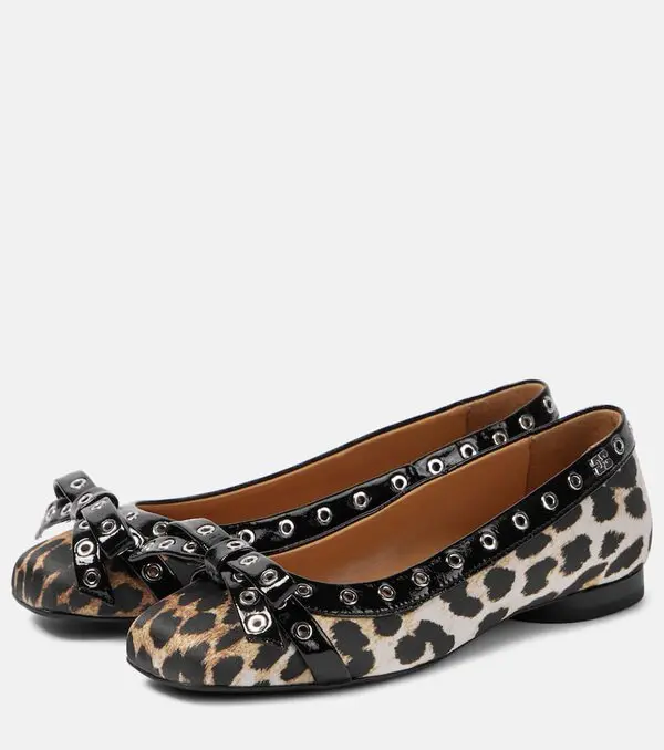 GANNI Leopard-print Satin Ballet Flats