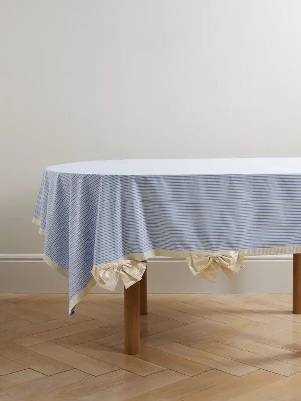 GOHAR WORLD Bow And Button-detailed Striped Cotton-blend Tablecloth - Blue