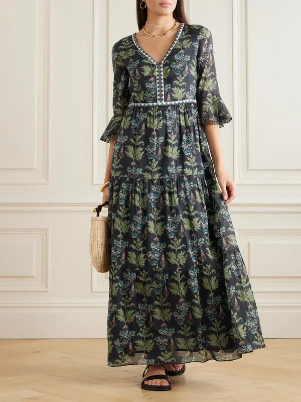 Emporio Sirenuse Bella Embroidered Printed Cotton-poplin Maxi Dress - Blue