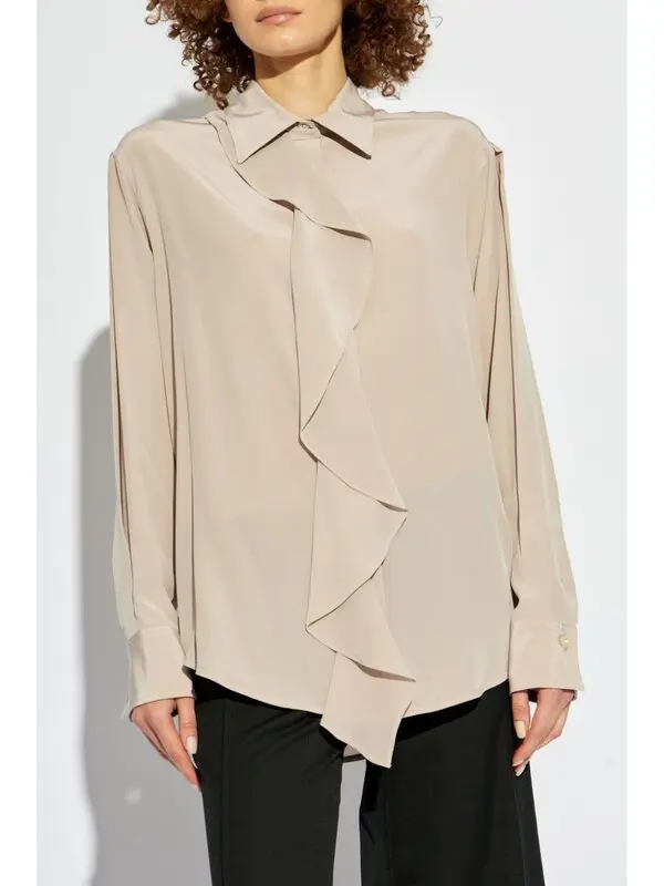 Victoria Beckham Silk Button-down Shirt With Ruffle Detail - Neutrals