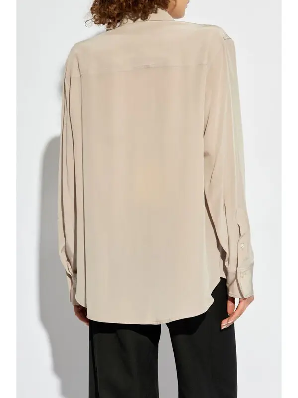 Victoria Beckham Silk Button-down Shirt With Ruffle Detail - Neutrals