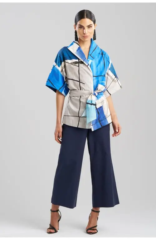 Natori Sorairo Printed Cotton Poplin Wrap Top - Blue/grey