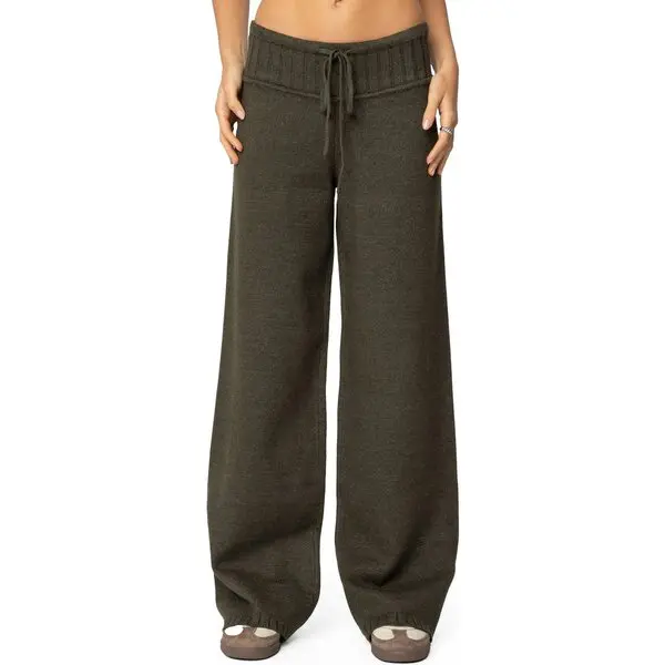 EDIKTED Russell Wide Leg Sweater Knit Pants - Olive