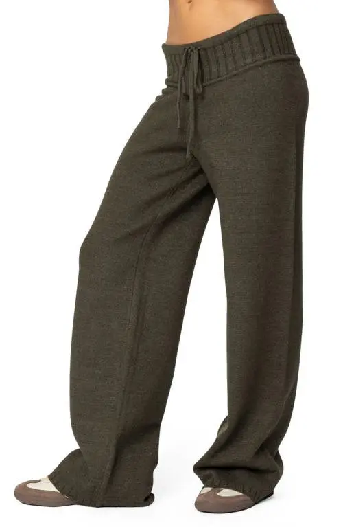 EDIKTED Russell Wide Leg Sweater Knit Pants - Olive