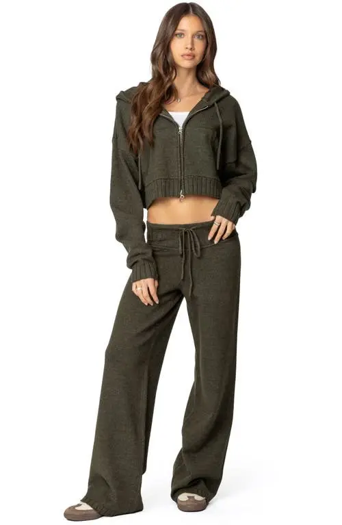 EDIKTED Russell Wide Leg Sweater Knit Pants - Olive