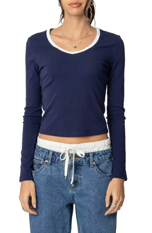 EDIKTED Contrast Trim Long-sleeve T-shirt - Navy