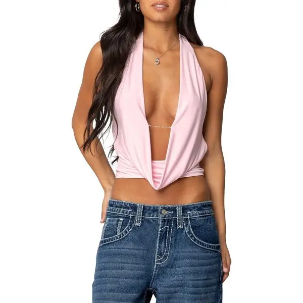 EDIKTED Plunge Cowl Neck Halter Top - Light-pink