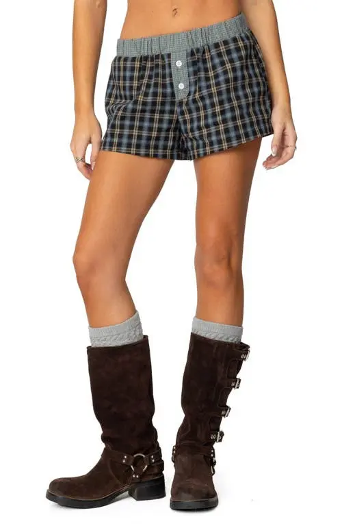 EDIKTED Mix Plaid Cotton Boxer Shorts - Blue