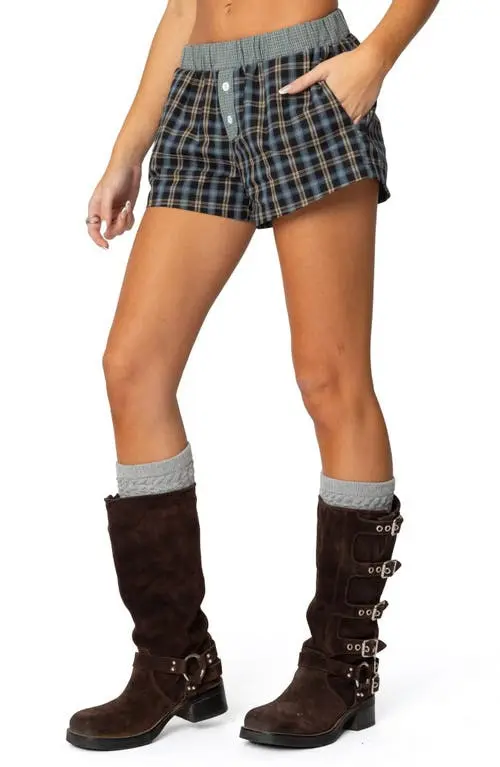 EDIKTED Mix Plaid Cotton Boxer Shorts - Blue