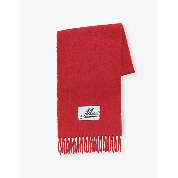 Marni Branded-patch Fringed-trim Wool-blend Scarf - Crimson
