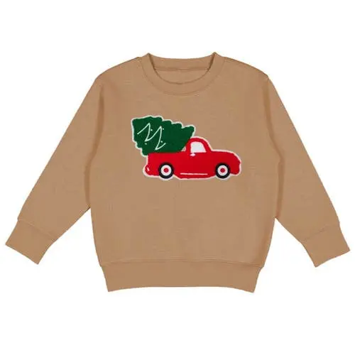 SWEET WINK Christmas Truck Patch Sweatshirt - Mocha