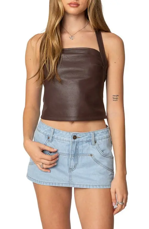 EDIKTED Faux Leather Halter Crop Top