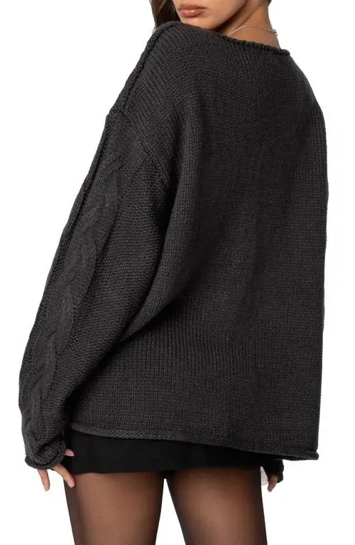 EDIKTED Inga Oversize V-neck Cable Sweater - Dark-gray