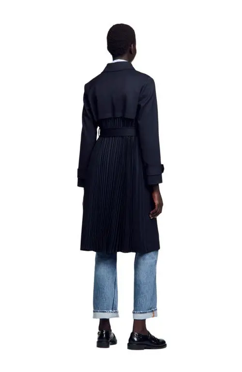 Sandro Trench Coat With Pleated Inset - Navy Blue