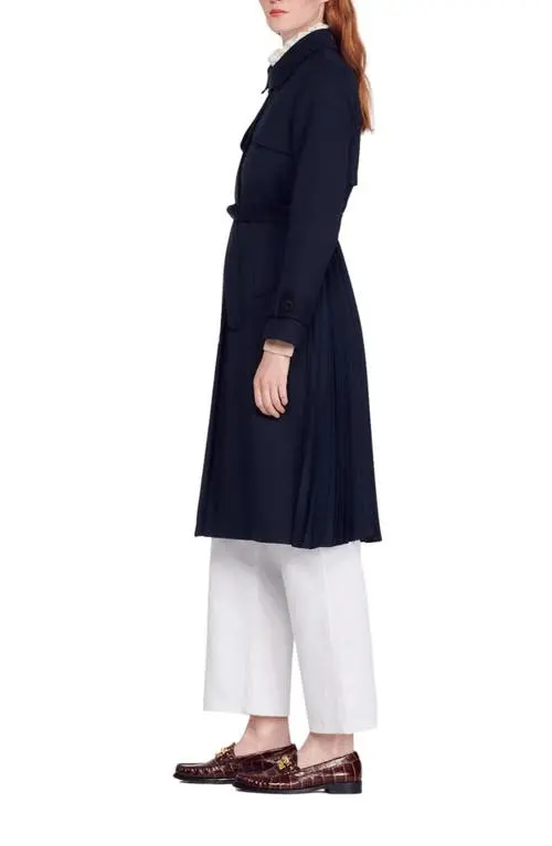 Sandro Trench Coat With Pleated Inset - Navy Blue