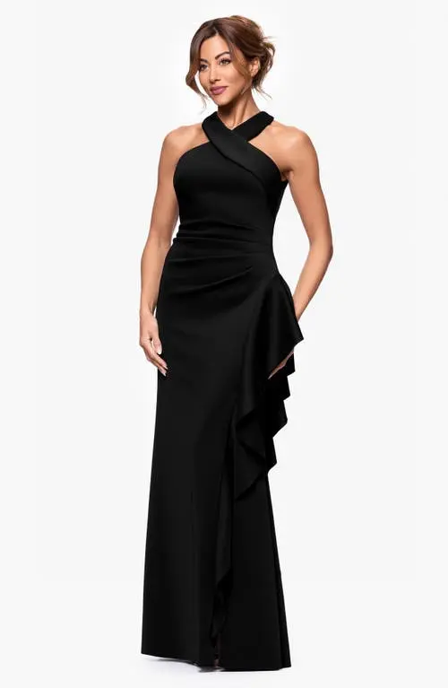 XSCAPE EVENINGS Ruffle Scuba Knit Gown - Black