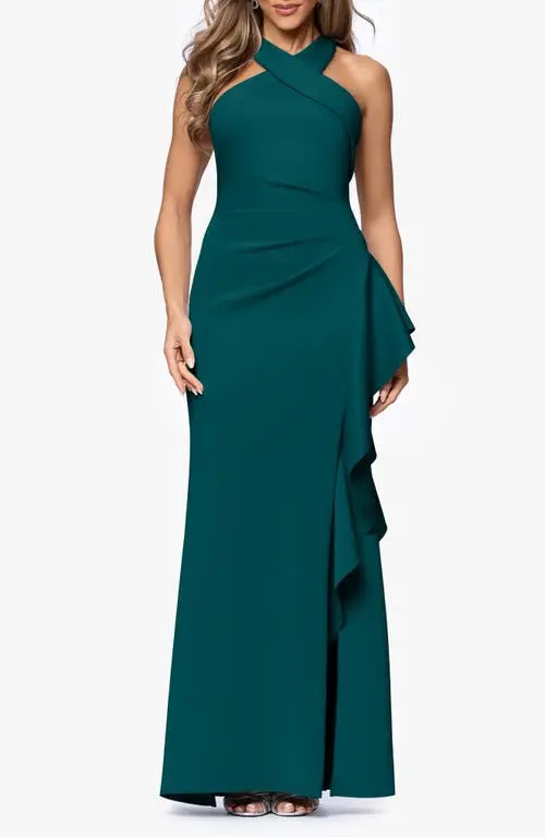 XSCAPE EVENINGS Ruffle Scuba Knit Gown - Hunter