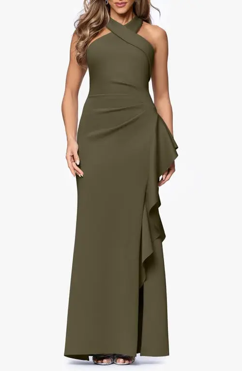 XSCAPE EVENINGS Ruffle Scuba Knit Gown - Olive