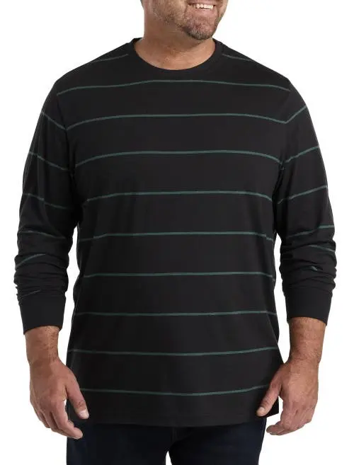 HARBOR BAY BY DXL Big & Tall Moisture-wicking Long-sleeve Striped T-shirt - Caviar Multi