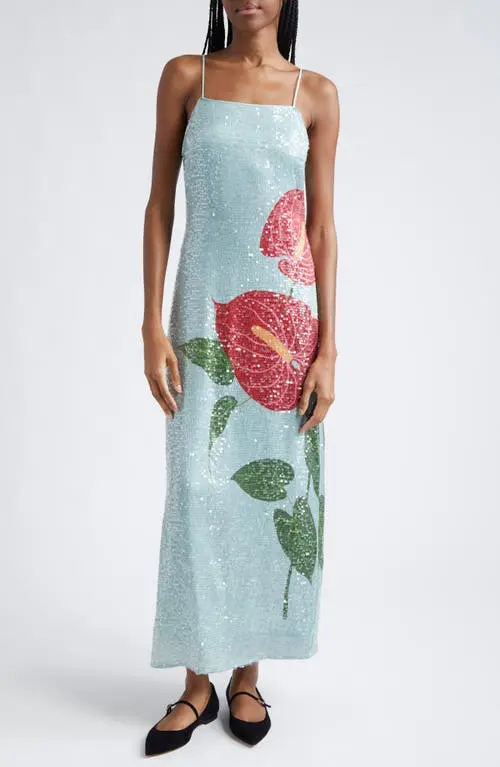 Farm Rio Anthurium Sequin Shift Dress - Anthurium Flowers Blue