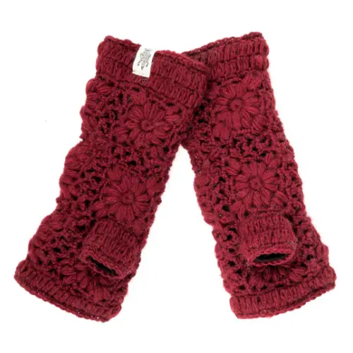 NIRVANNA DESIGNS Flower Crochet Fingerless Handwarmers - Burgundy