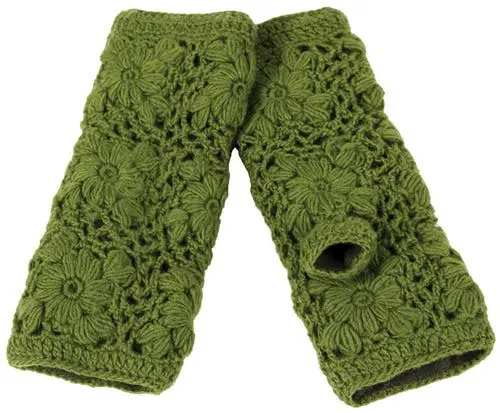 NIRVANNA DESIGNS Flower Crochet Fingerless Handwarmers - Green