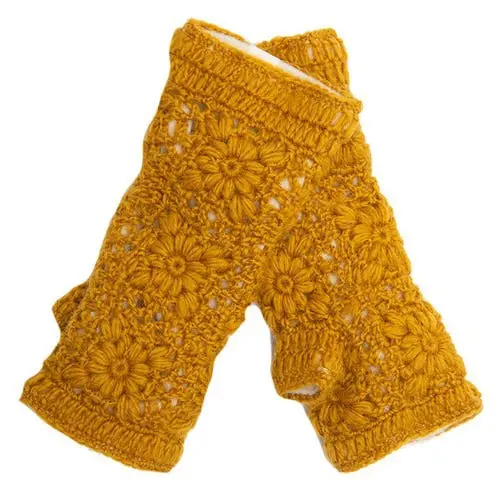 NIRVANNA DESIGNS Flower Crochet Fingerless Handwarmers - Honey