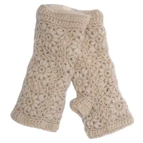 NIRVANNA DESIGNS Flower Crochet Fingerless Handwarmers - Linen
