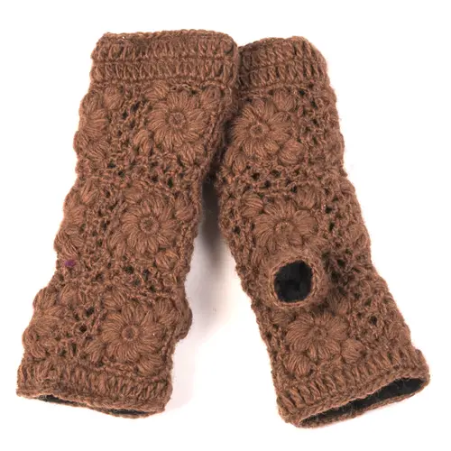 NIRVANNA DESIGNS Flower Crochet Fingerless Handwarmers - Linen