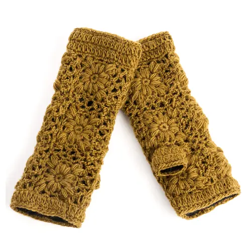 NIRVANNA DESIGNS Flower Crochet Fingerless Handwarmers - Moss