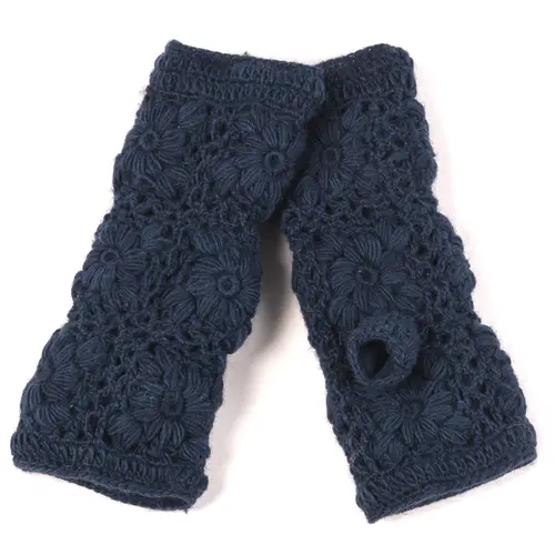 NIRVANNA DESIGNS Flower Crochet Fingerless Handwarmers - Navy