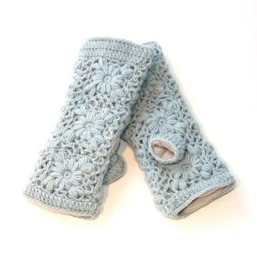 NIRVANNA DESIGNS Flower Crochet Fingerless Handwarmers - Sky