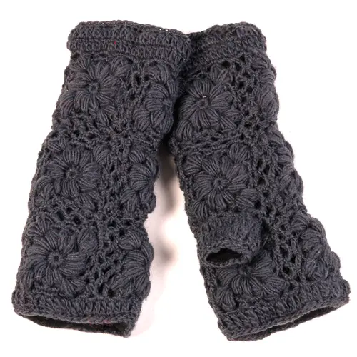 NIRVANNA DESIGNS Flower Crochet Fingerless Handwarmers - Smoke