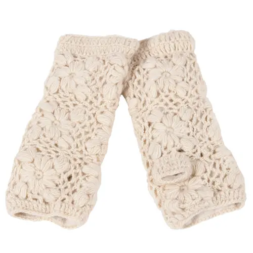 NIRVANNA DESIGNS Flower Crochet Fingerless Handwarmers - White