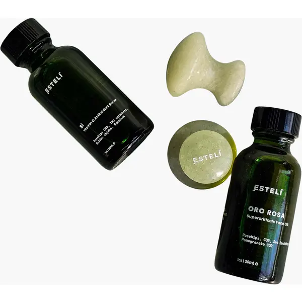 ESTELI Serums And Gua Sha Mushrooms Skincare Set - Dark Green And Beige